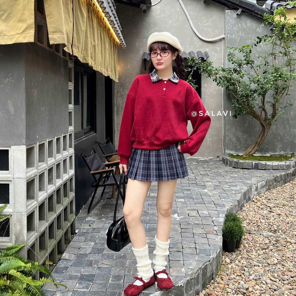 Áo sweater nỉ phối cổ sơ mi caro đen trắng, áo nỉ trơn cổ bẻ cài nút ...