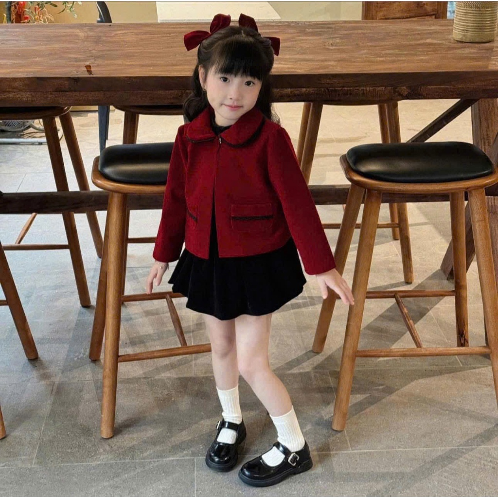 Đồ Tết cho bé gái, Set áo nhung đỏ phối chân váy có lớp lót dễ thương ...