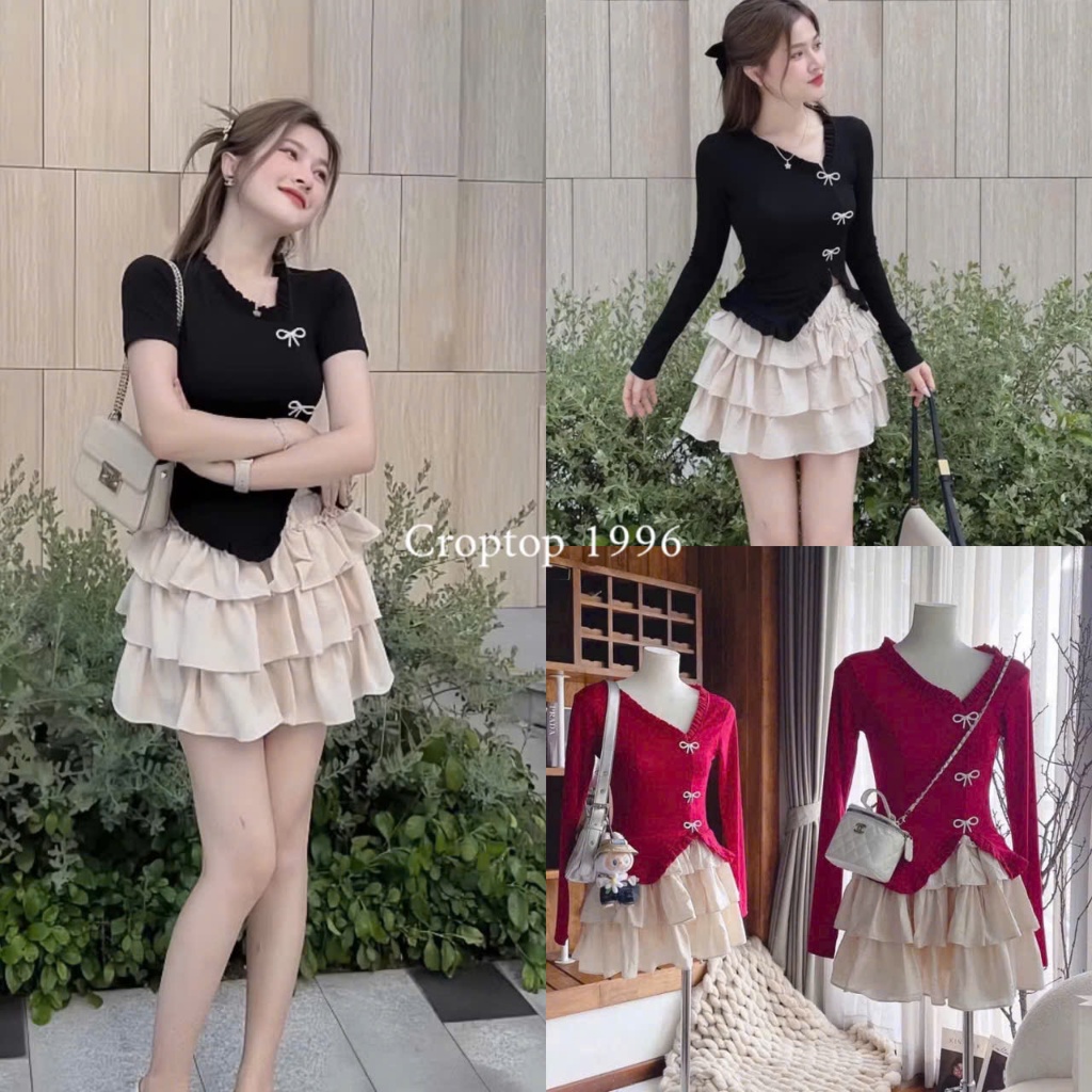 Áo Len Tăm tiểu thư vạt chéo phối nơ lấp lánh Hàn Quốc A136 | Shopee Việt Nam