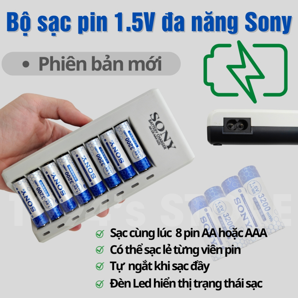 Combo bộ sạc + 8 pin AAA 3A hoặc 8 pin AA 2A Sony 1.5V - Sạc nhanh tự ...