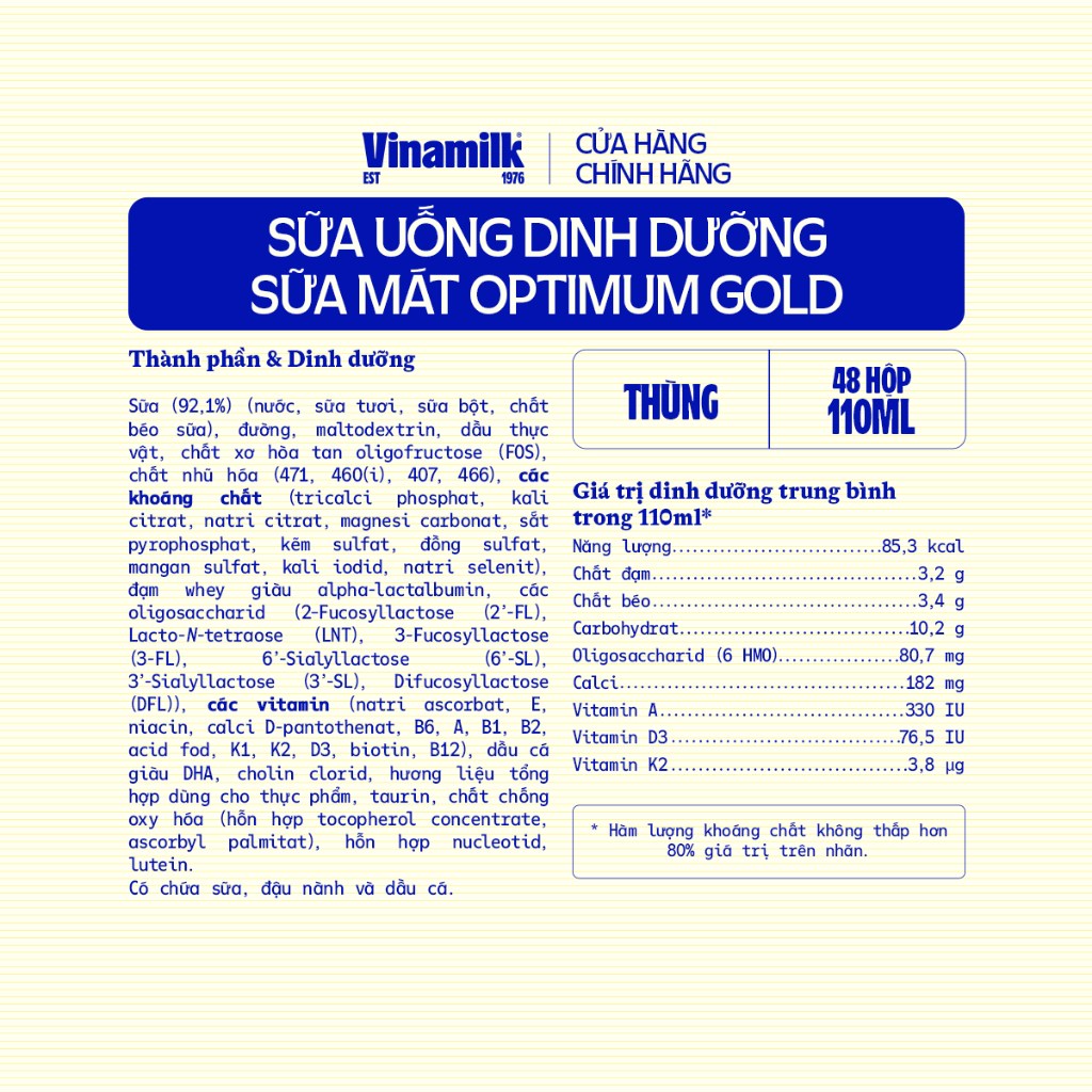 Thùng 48 hộp Sữa pha sẵn Vinamilk Optimum Gold 110ml | Shopee Việt Nam