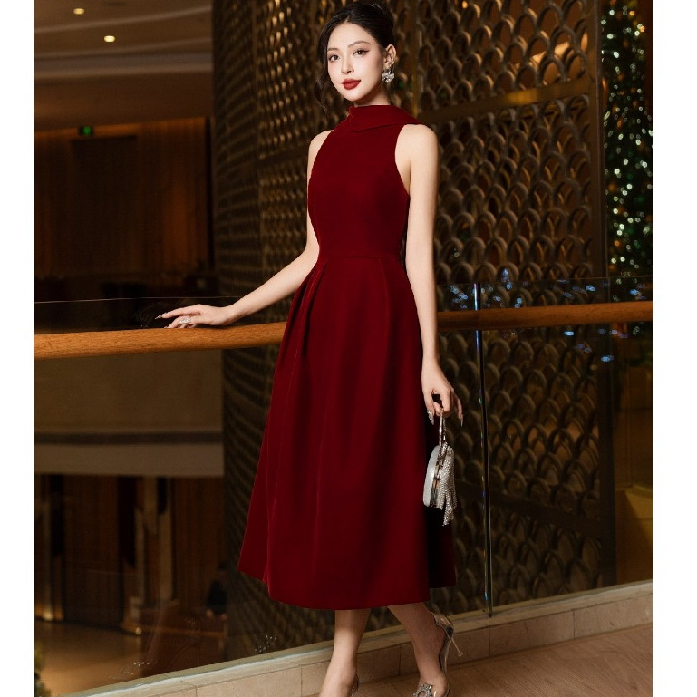 Đầm dạ hội dáng dài thiết kế cổ khăn thanh lịch dáng xoè nữ tính, chất liệu nhung cao cấp ...