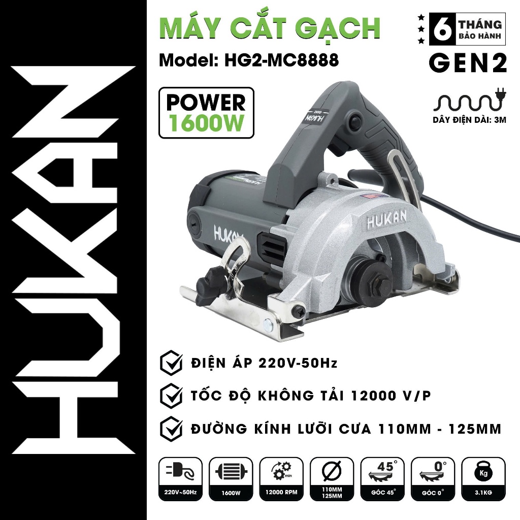 Máy cắt gjach HUKAN Gen2 HG2-MC8888, Công suất 1600w - Đường kính cắt ...