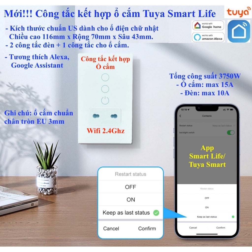 Công tắc thông minh Wifi, nút cảm ứng, Tuya Smart Life, Home Assistant ...