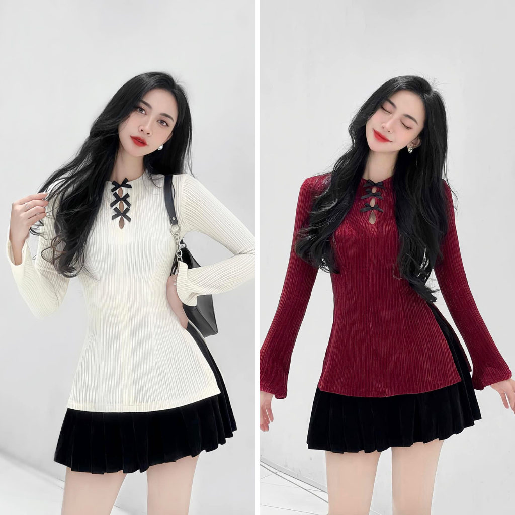 Set Váy Ngắn Áo Len Tay Dài Sanjoli Set Đồ Tết nữ áo tay dài và chân ...