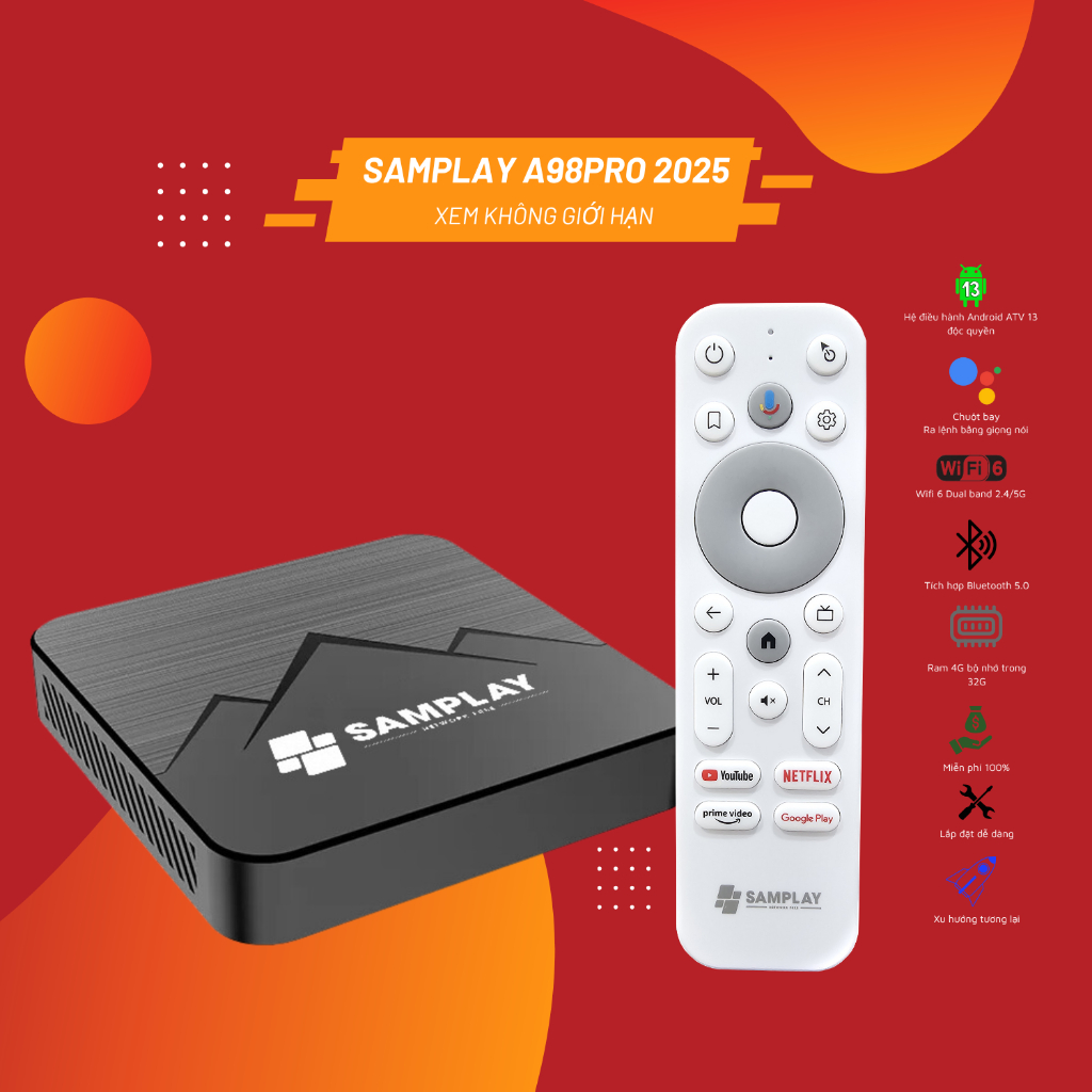 Android box Samplay A98Pro Ram 4G bộ nhớ 32G android ATV 13, điều khiển chuột bay tìm kiếm giọng ...
