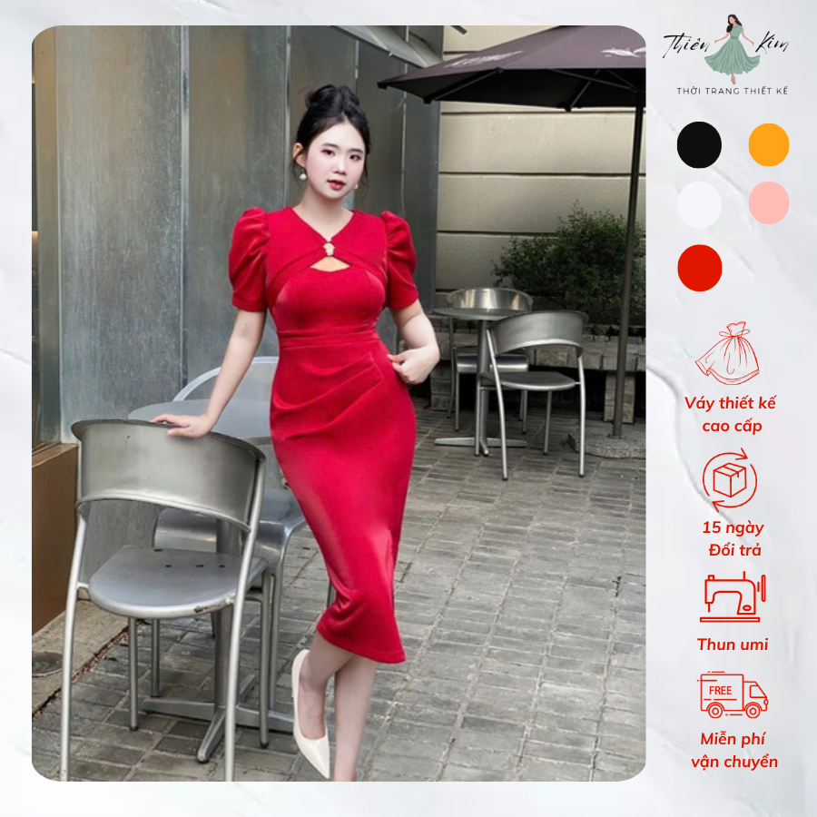 B079 Đầm Body Tay Dún Xếp Tùng Hở Ngực Dáng Công Sở, Váy Body Bigsize Trung Niên Cao Cấp Tặng Mẹ ...