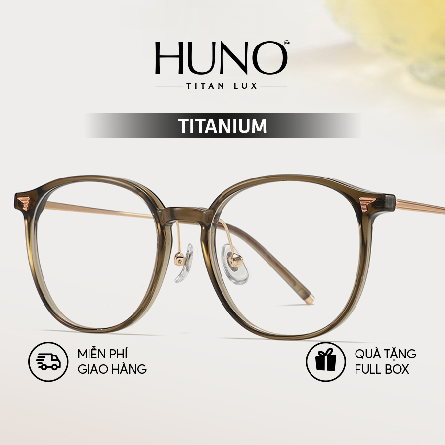 Gọng kính nữ HUNO TITAN LUX, Kính mắt Titanium cao cấp, thiết kế gọng tròn, điểm nhấn cánh chim ...
