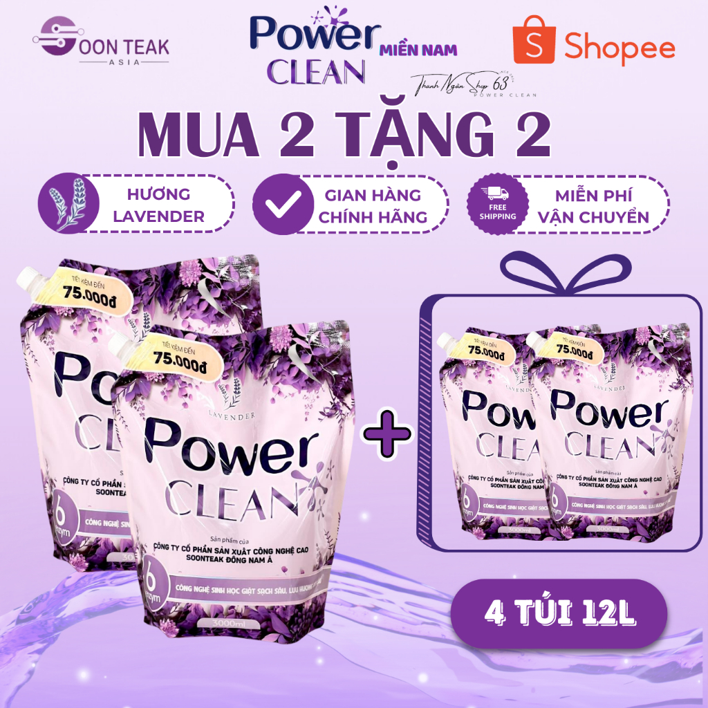 POWER CLEAN ( 4 túi 12L ) Nước giặt xã. | Shopee Việt Nam