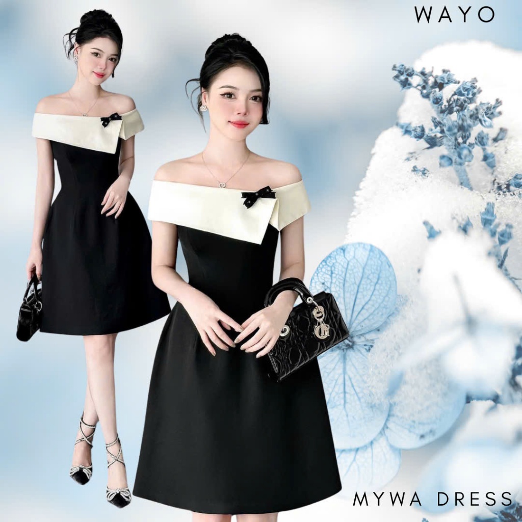 [Mywa Dress] Đầm WAYO thiết kế trễ vai phối đen đính nơ dự tiệc sang ...