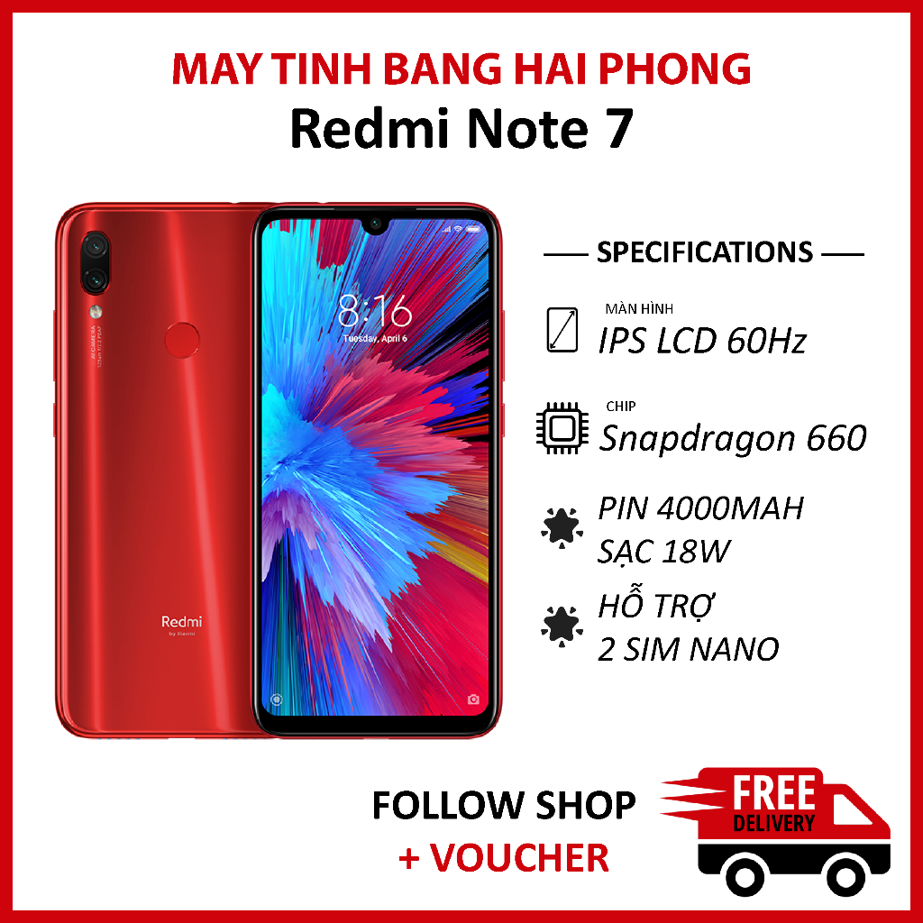 Điện thoại Note 7 rom quốc tế RAM 4/64GB chip Snapdragon 660 dung lượng pin 4000 hỗ trợ 2 sim ...