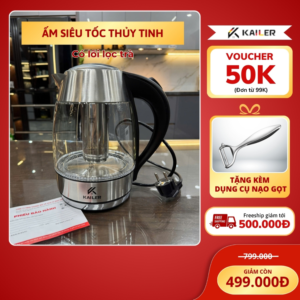Ấm Siêu Tốc Thủy Tinh 1.8L KAILER KL-268 Có Lõi Lọc Trà Bằng Inox Chính ...