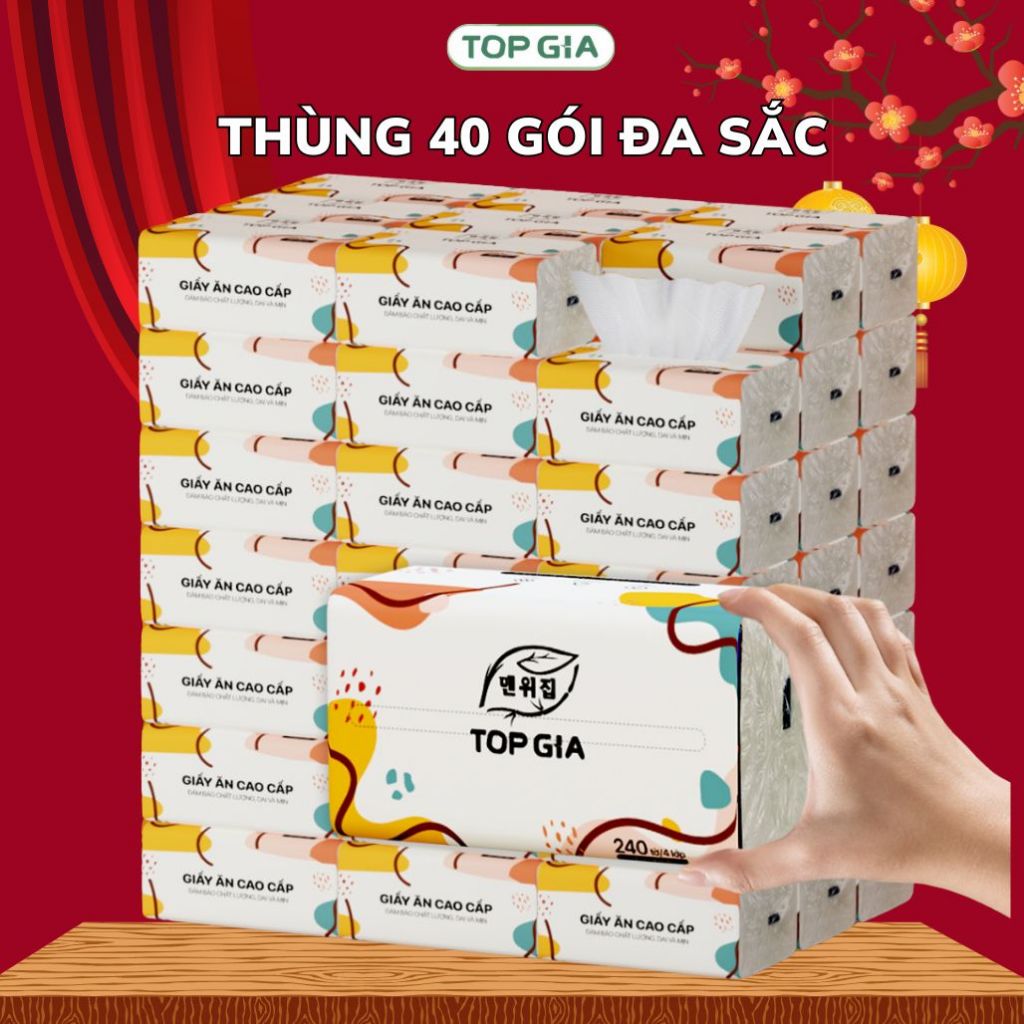 Giấy ăn rút Topgia thùng 40 gói đa sắc cao cấp 240 tờ 4 lớp, dập vân 4D ...