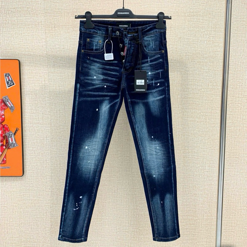 Quần jean bò nam Dsq2 4 cúc khắc chữ hãng wash loang xanh đậm nhạt vân ...