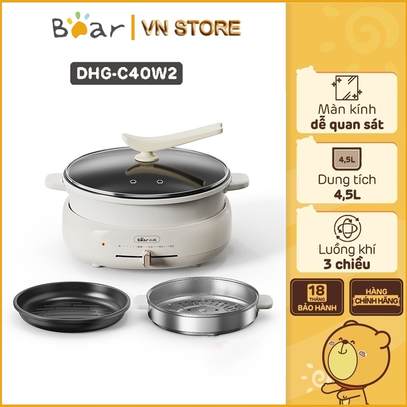 Nồi lẩu điện đa năng 3 in 1 dung tích 4L Bear DHG-C40W2, 1500W, Kèm khay nướng- Bộ Nồi Lẩu Nướng ...