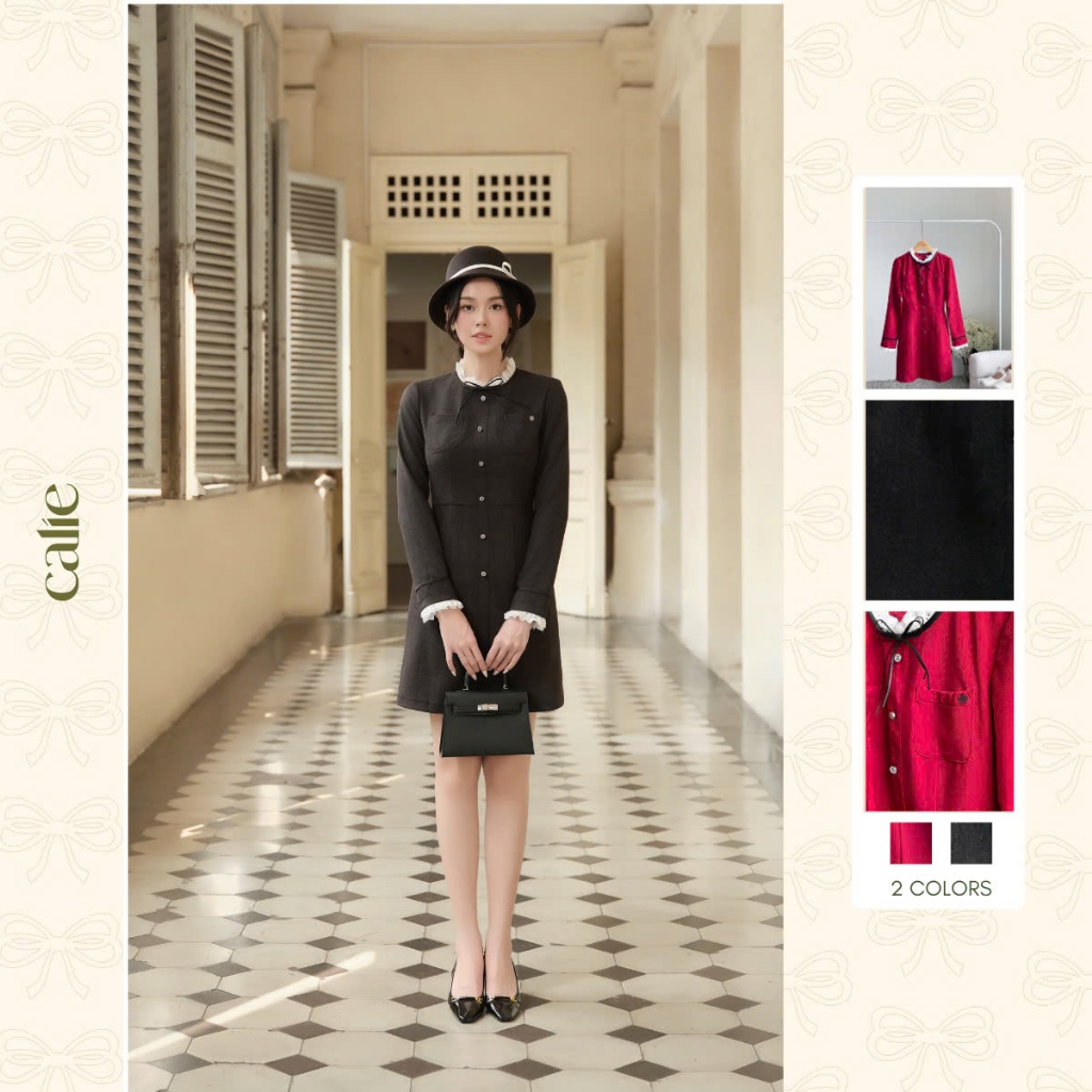 Đầm liền dáng A phối ren đính nơ thời trang thiết kế thương hiệu Calie ...