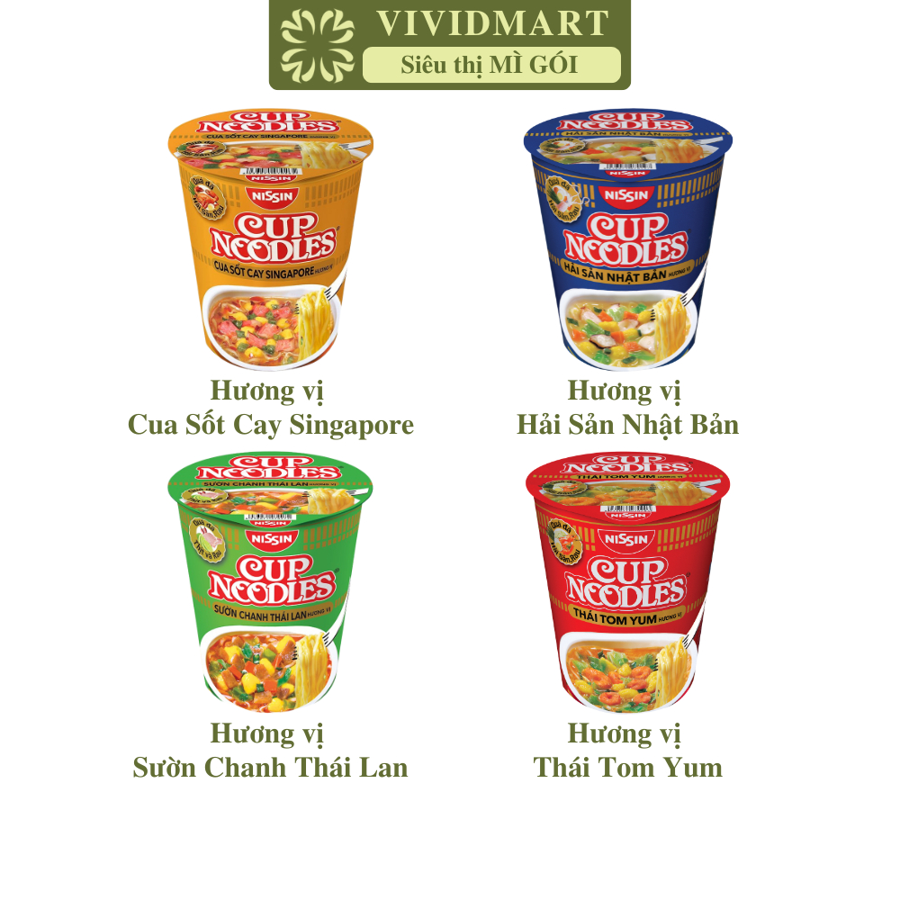 LYLẺ-NISSIN- Mì ly Cup Noodles 4 vị: Hải sản Nhật Bản, Thái Tom Yum, Cua sốt cay Singapore, Sườn ...
