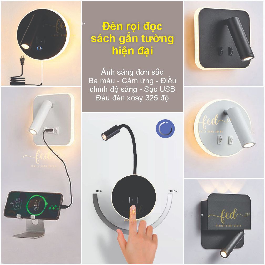 Đèn Rọi Đọc Sách Gắn Tường Dimmer Tăng Giảm Độ Sáng Kèm Ổ Cắm USB Sạc ...