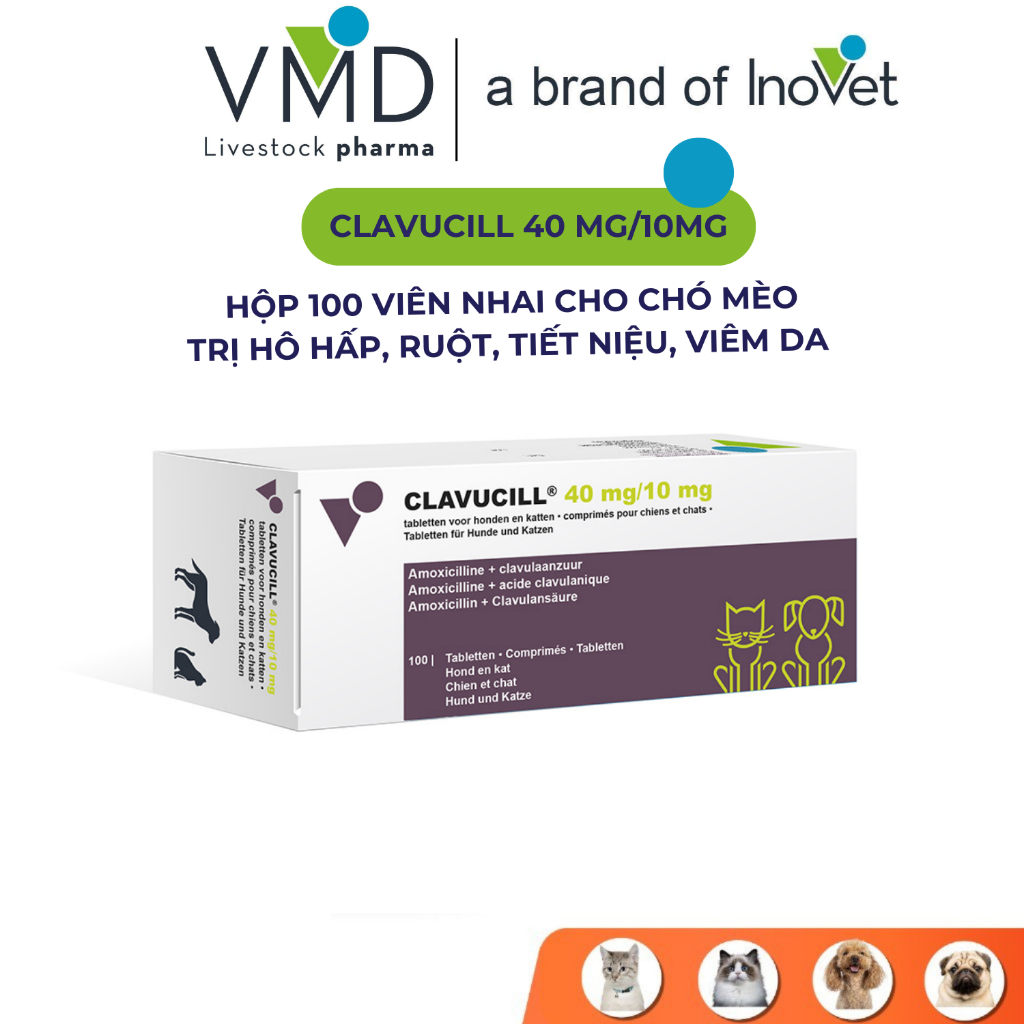 Hộp 10 Viên nhai cho chó mèo V.M.D Clavucill 40mg/10mg Trị hô hấp viêm ...