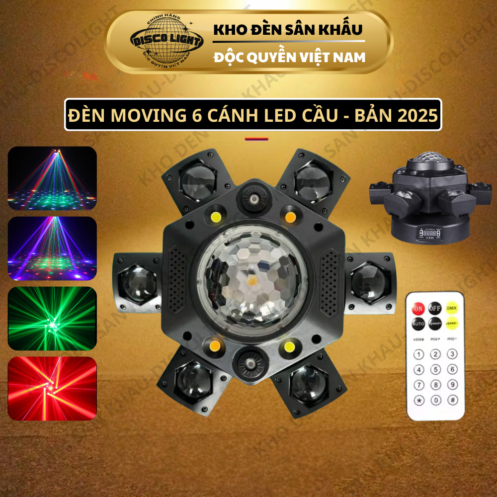 Đèn sân khấu moving 6 cánh led cầu 2025 Disco Light ánh sáng 5IN1, cổng DMX, cảm biến âm thanh ...