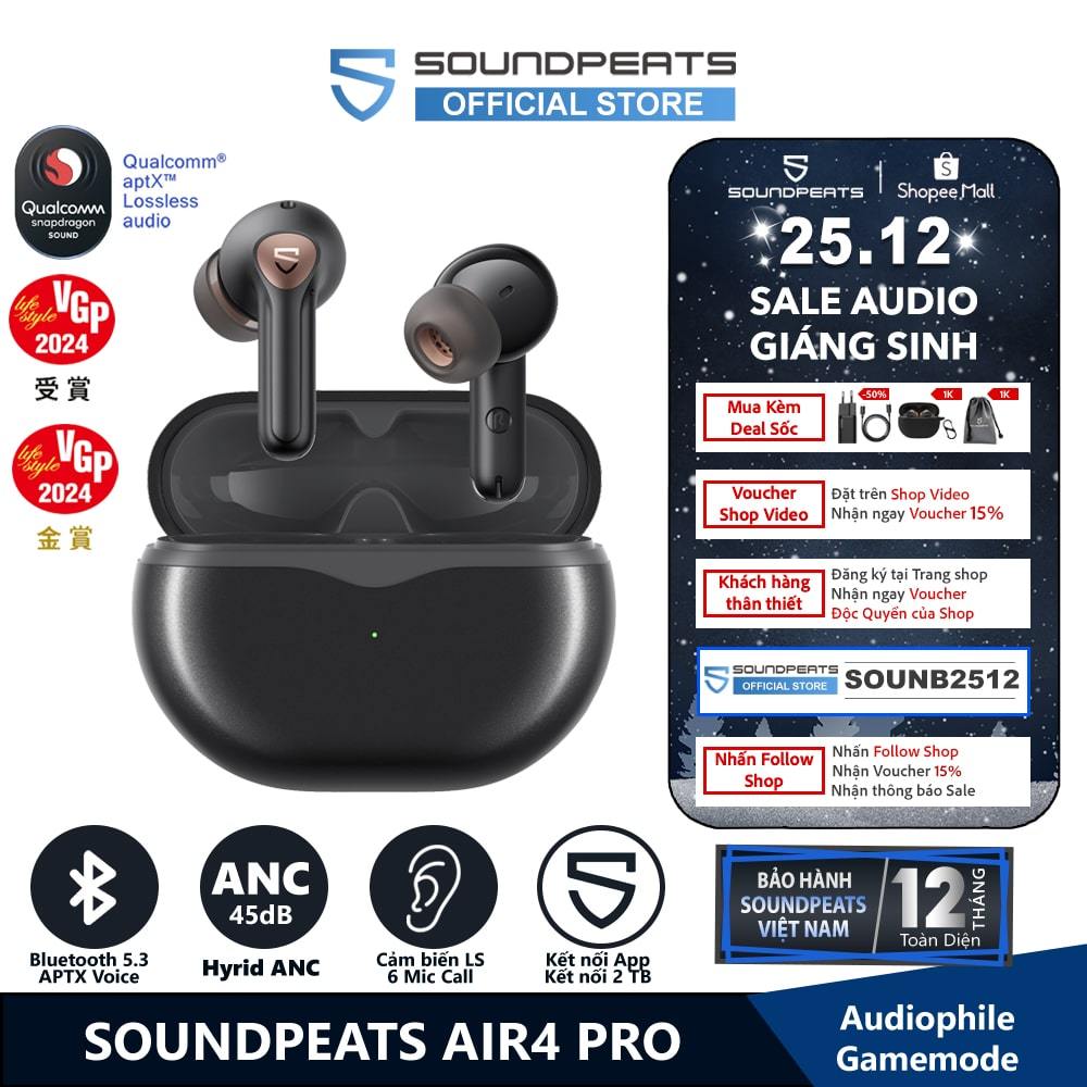 Tai nghe True Wireless SoundPEATS Air4 Pro | APTX Lossless | APTX Voice 6Mic | Bluetooth 5.3 ...