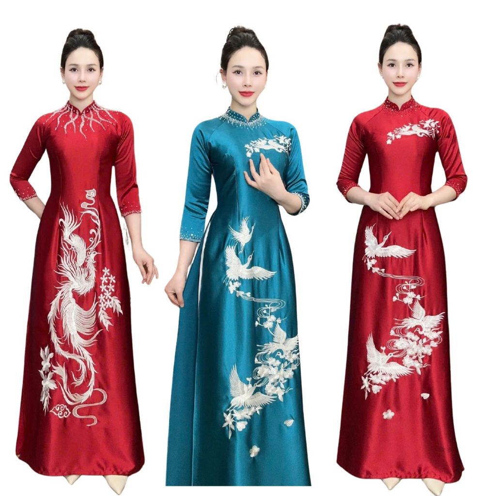 ( mẫu mới ruby ) áo dài bà sui chất lụa ruby cao cấp , thêu lắc tay và đính đá sáng , may sẵn ...