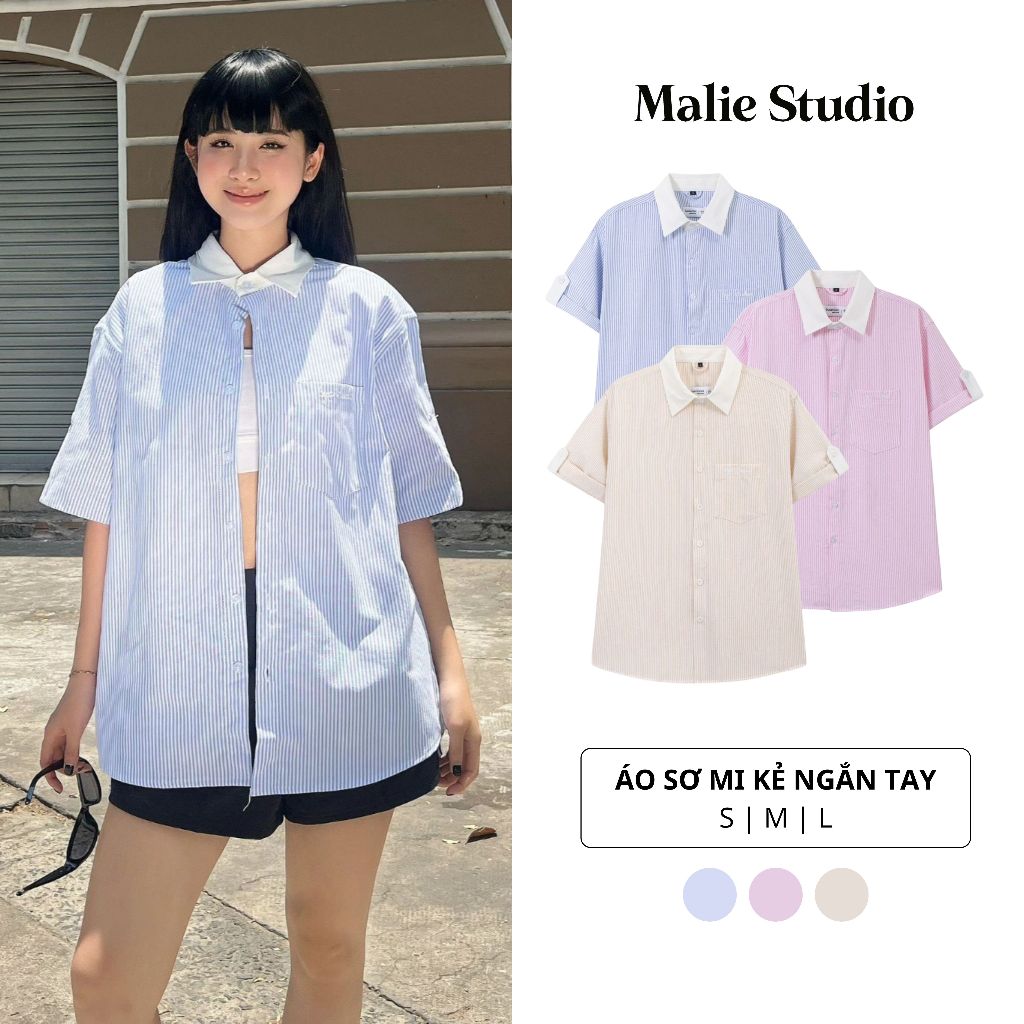 Áo Sơ Mi Kẻ Malie Studio Cộc Tay Cổ Trắng Vải Oxford Form Rộng Thoáng Mát Dễ Phối Đồ | Shopee ...