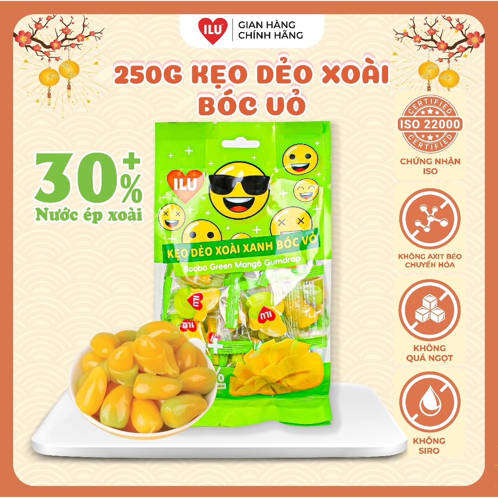 Kẹo xoài xanh bóc vỏ ILU 250g/450g chiết xuất xoài tự nhiên, đồ ăn vặt kẹo dẻo bánh ống quế ...