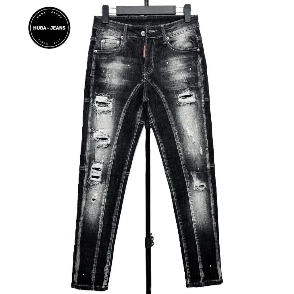 Quần jeans nam HUBA-JEANS rach phẩy sơn denim slimfit biker tà lượn với ...