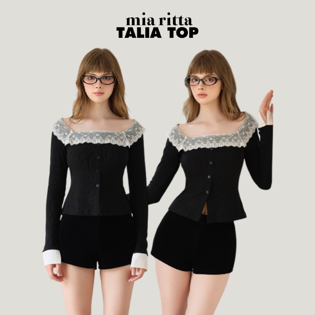 Áo dài tay Talia Top Mia Ritta A2222 - Áo gân đen dài tay phối ren cổ - Áo dài tay cài khuy phối ...