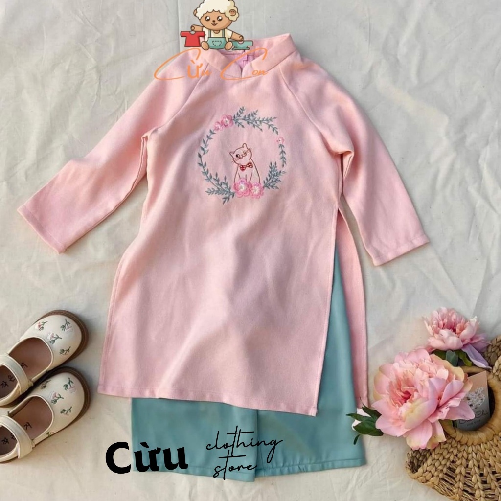 Áo dài thêu mèo Cuc Chi cho bé gái chất liệu nhung tăm (Tặng Kèm Bờm ...
