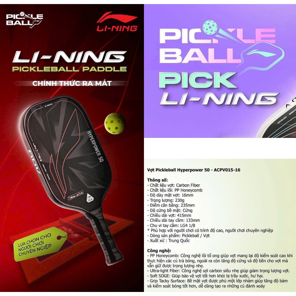 Vợt Pickleball Lining Hyper Power 50 Chính hãng, lối đánh tấn công với ...