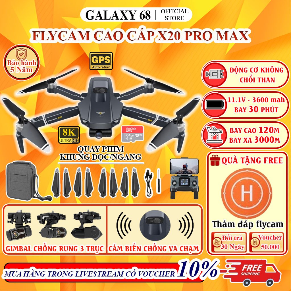 Flycam X20 Pro Max, Playcam có camera 8K gimbal chống rung 3 trục ...