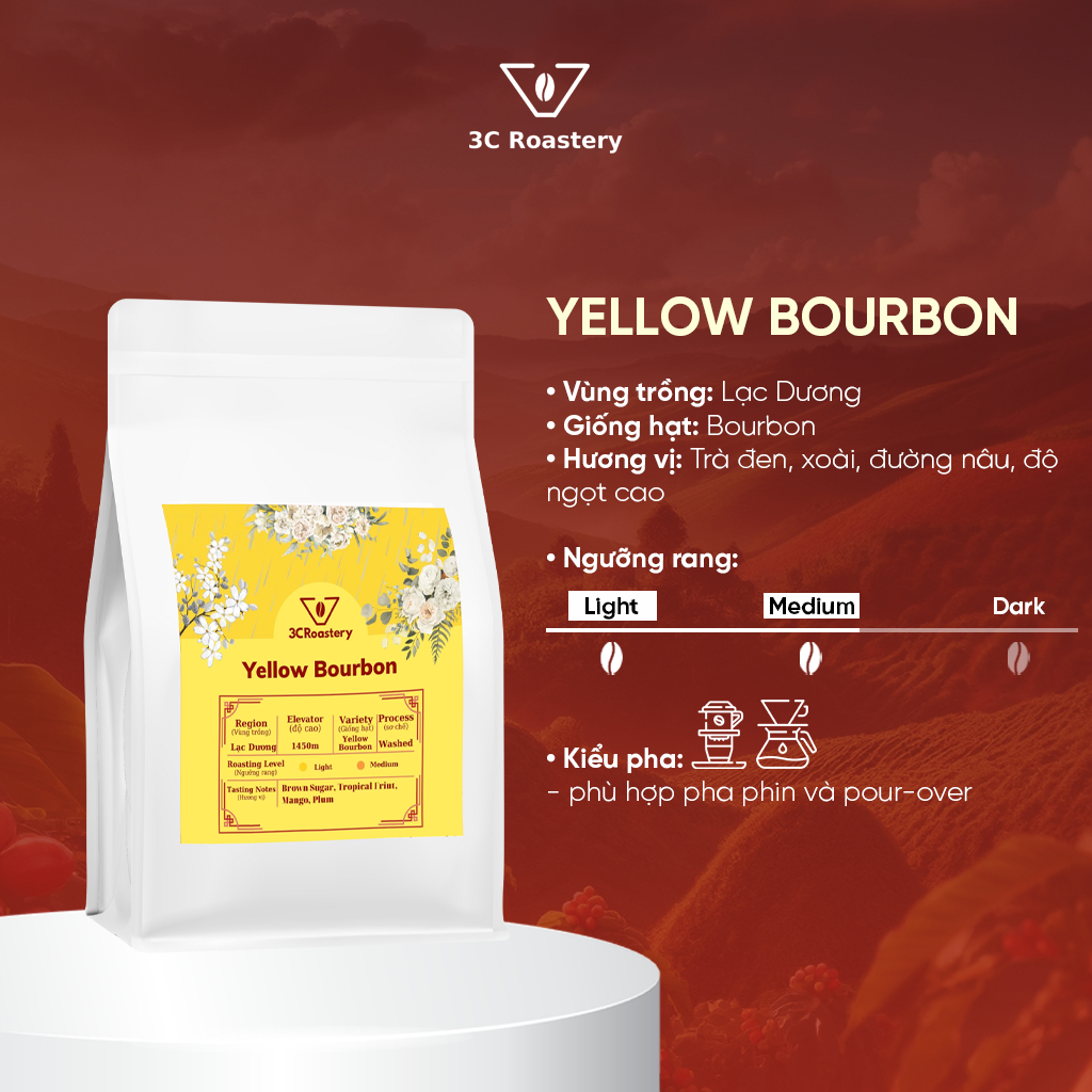 Cà phê YELLOW BOURBON Việt Nam chất lượng cao 100% Arabica Lạc Dương sơ chế ướt- 3C Roastery ...