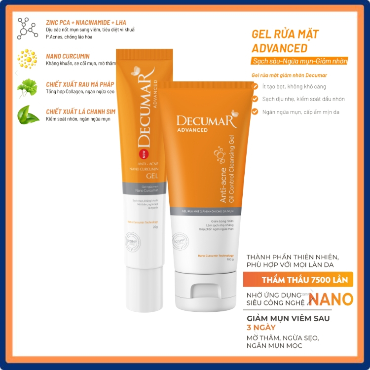 Combo Decumar Advanced gồm Gel ngừa mụn 20gr và Gel rửa mặt 50gr ngừa ...