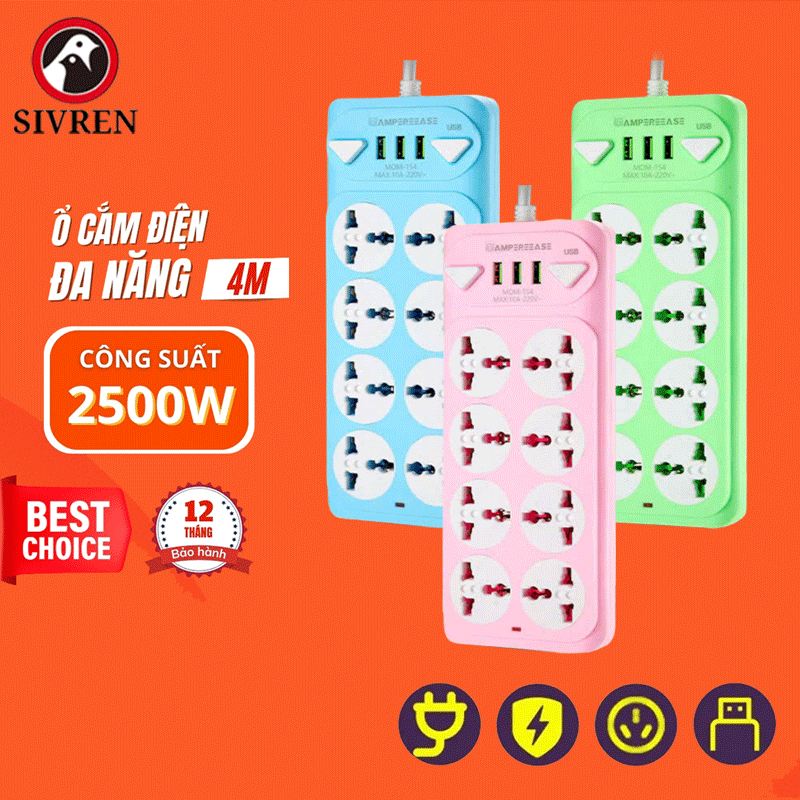 Ổ điện đa năng SIVREN, ổ cắm điện thông minh 2200W dây dài 4m tích hợp usb dây dài chống giật an ...