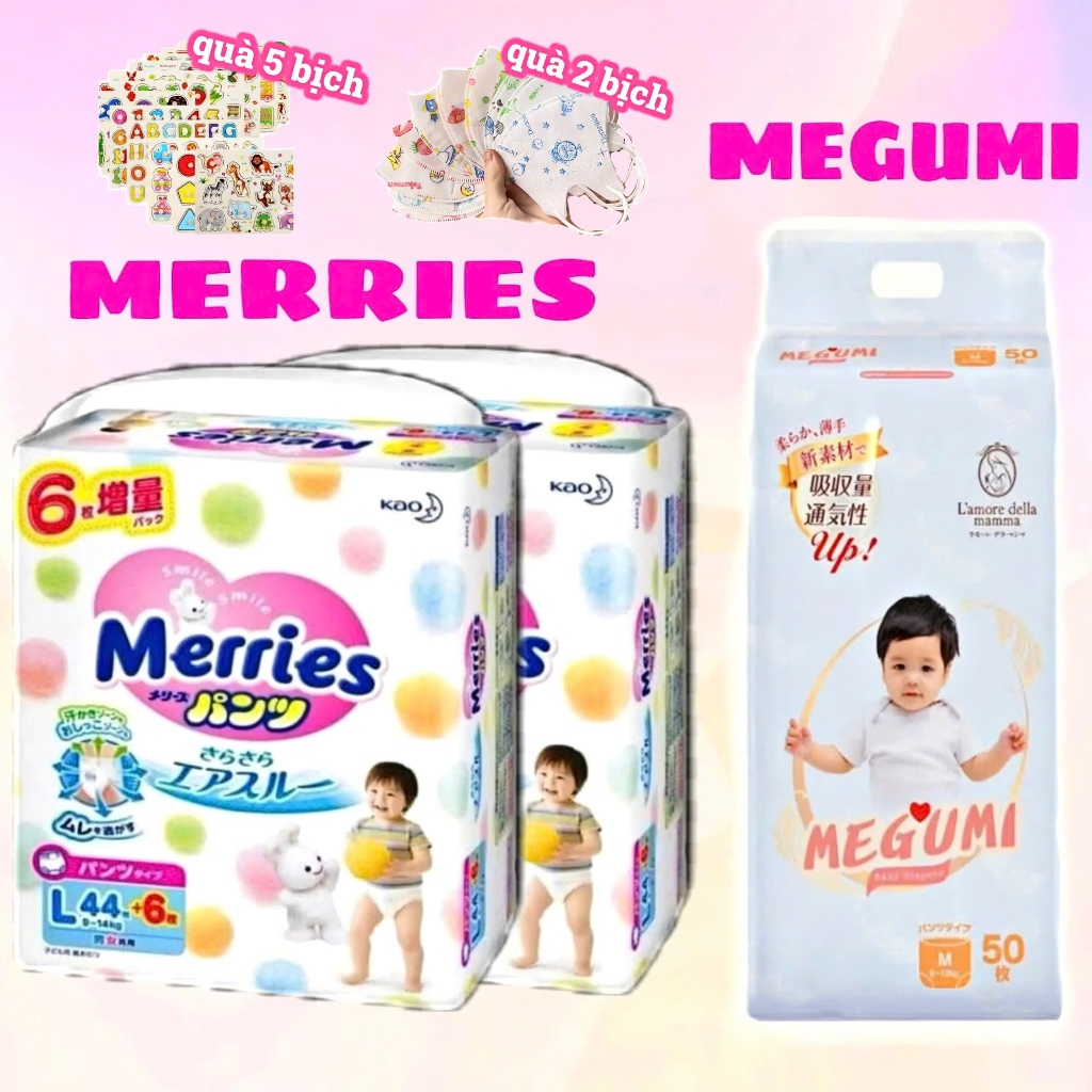 (CỘNG MIẾNG) Tã bỉm MERRIES / MEGUMI nội địa Nhật dán/quần NB72/S66/M60 ...
