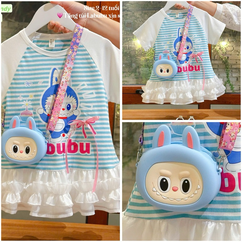 (Tặng túi LaBuBu Silicone) Set đầm kèm túi LaBuBu kẻ xanh blue màu đẹp ...