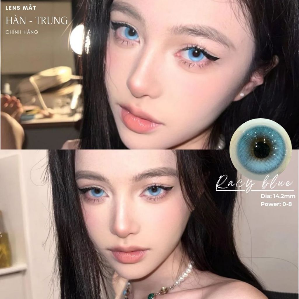 Lens mắt xanh biển có viền 𝐑𝐀𝐂𝐘 𝐁𝐋𝐔𝐄, giãn nhẹ 14.2mm, cận 0-8, kính áp tròng tone xanh dương ...
