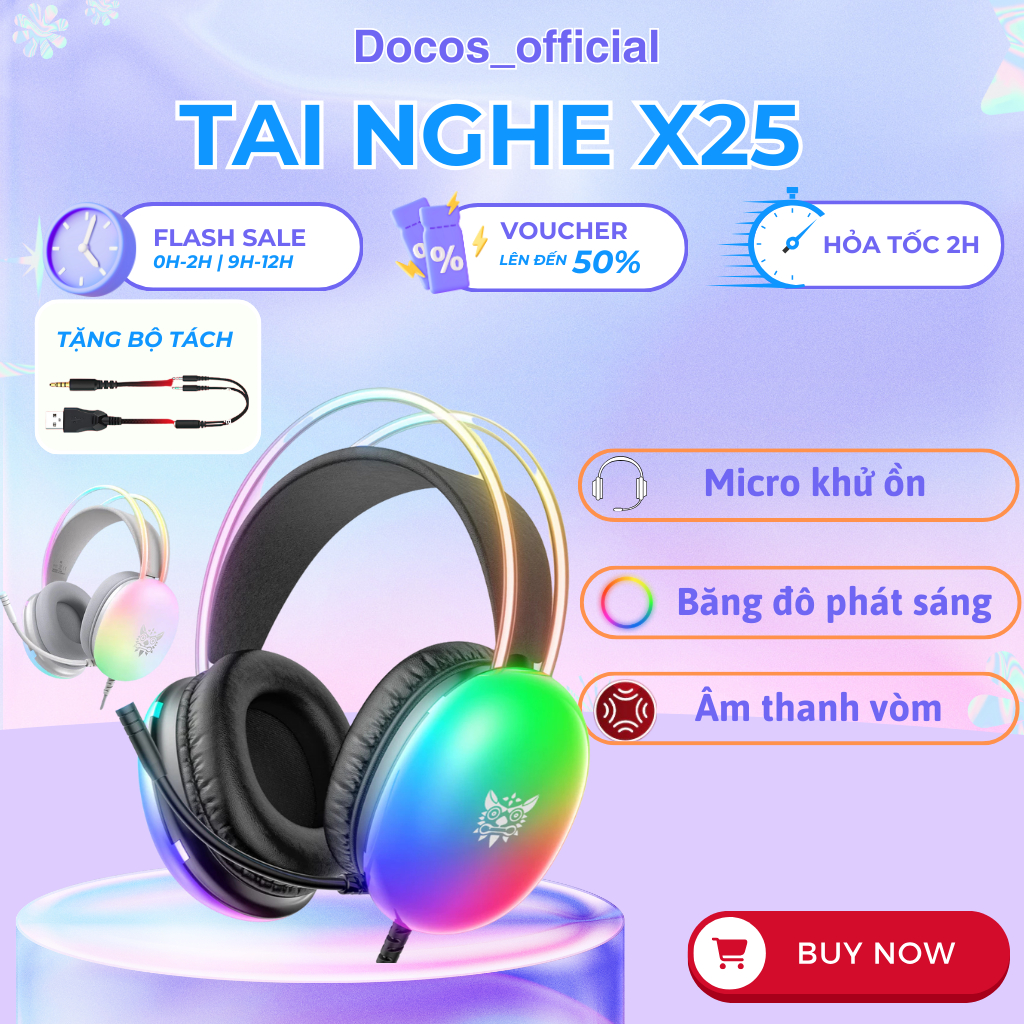 Tai nghe gaming chụp tai Onikuma X25 - Đèn led RGB - Micro 360 độ giảm ồn - Dùng mọi thiết bị ...