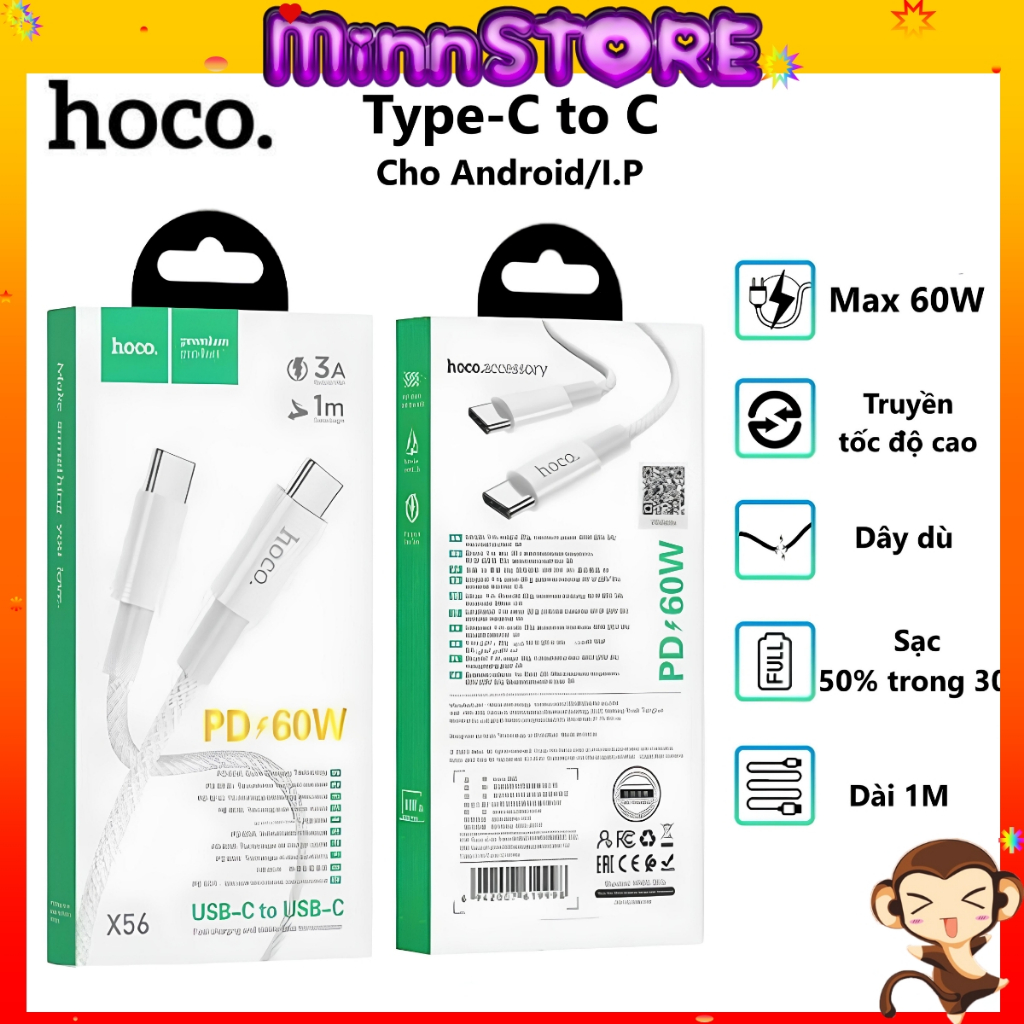 Dây cáp sạc nhanh chính hãng Hoco PD 60w Type C to C, cáp bọc dù chống ...