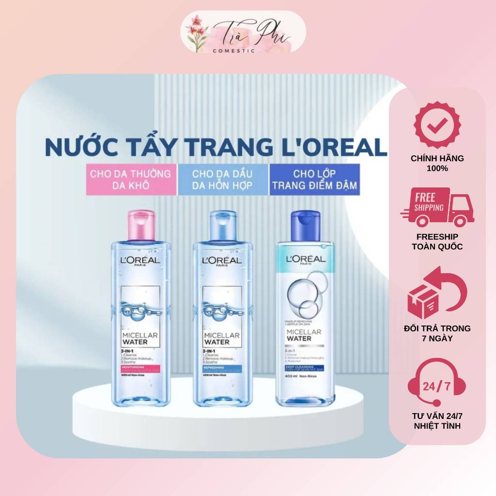 Nước tẩy trang L'Oreal Paris 3-in-1 Micellar Water 400ml cho mọi loại da, làm sạch sâu không chứ ...