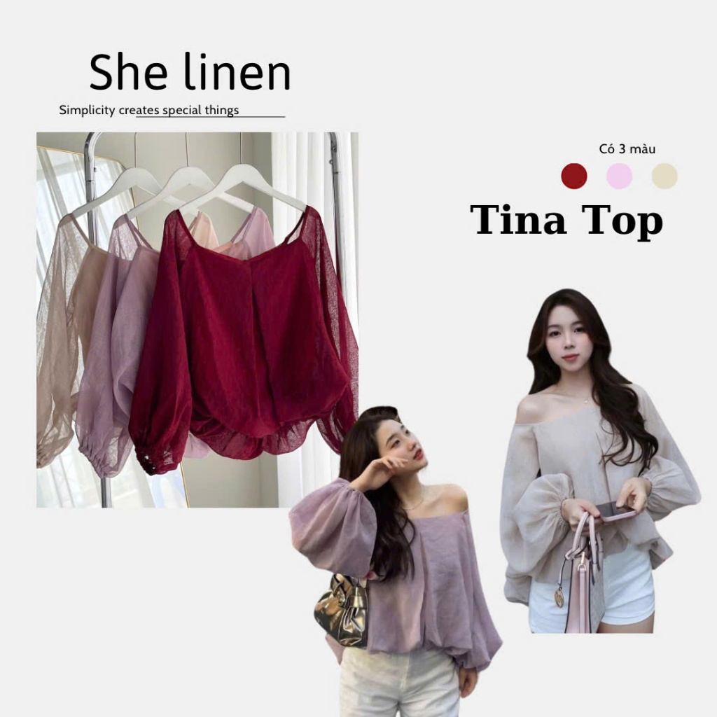 TINA TOP- Áo Tay Dài Trễ Vai Tơ Xược, Áo Kiểu Nữ Dài Tay She linen ...