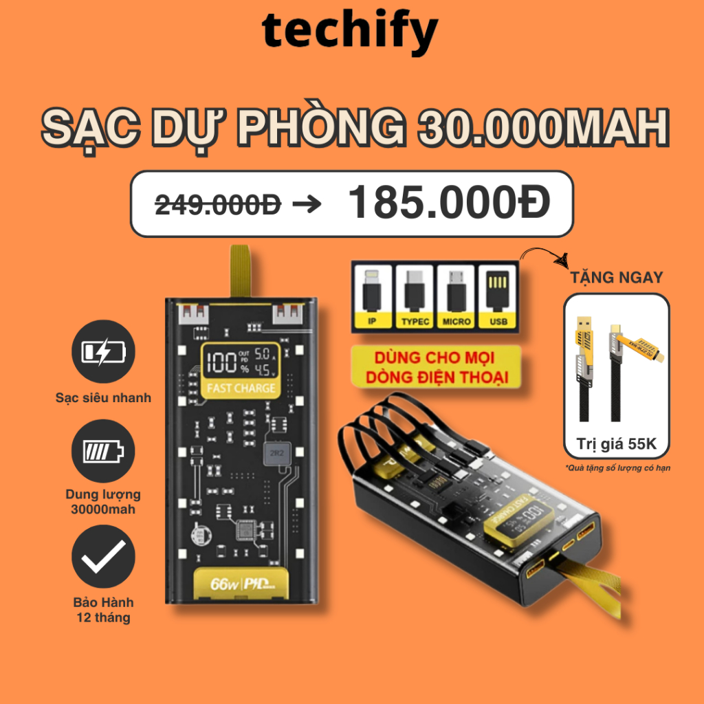 Sạc Dự Phòng TECHIFY PK101 30000mah Trong Suốt Sạc Nhanh PD20W Tích Hợp ...
