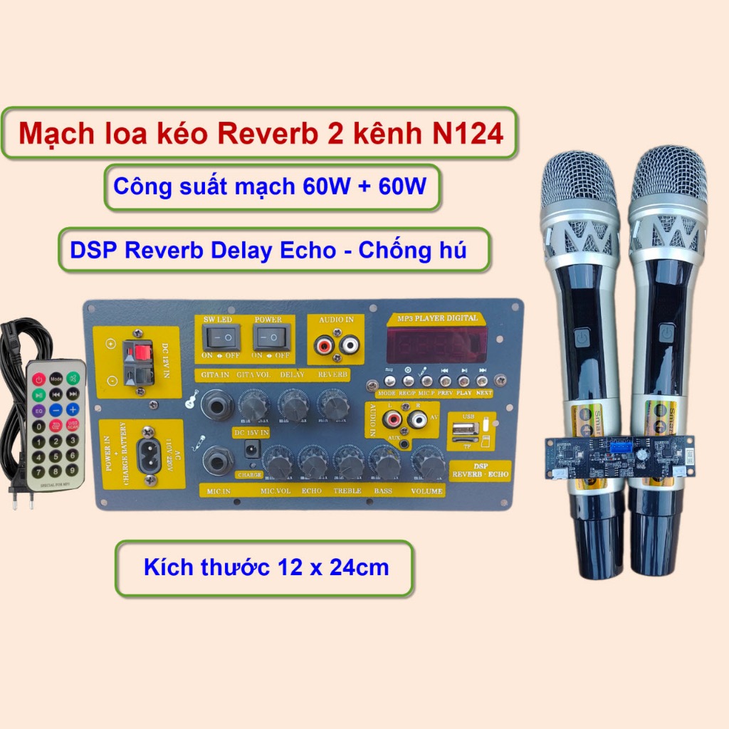 Mạch loa kéo Reverb N124 2 kênh riêng biệt 2 IC HY8110B 60W + 60W kèm ...