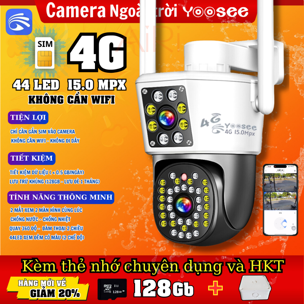 Camera YOOSEE 2 mắt sim 4G model 44 LED 15Mpx /4K pro -TIẾT KIỆM DỮ ...