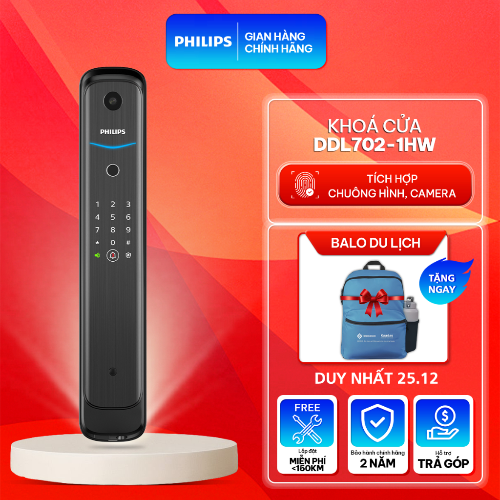 [Free lắp HN-HCM-ĐN] Khóa cửa vân tay thông minh Philips DDL702-1HWS tích hợp chuông hình, cảm ...