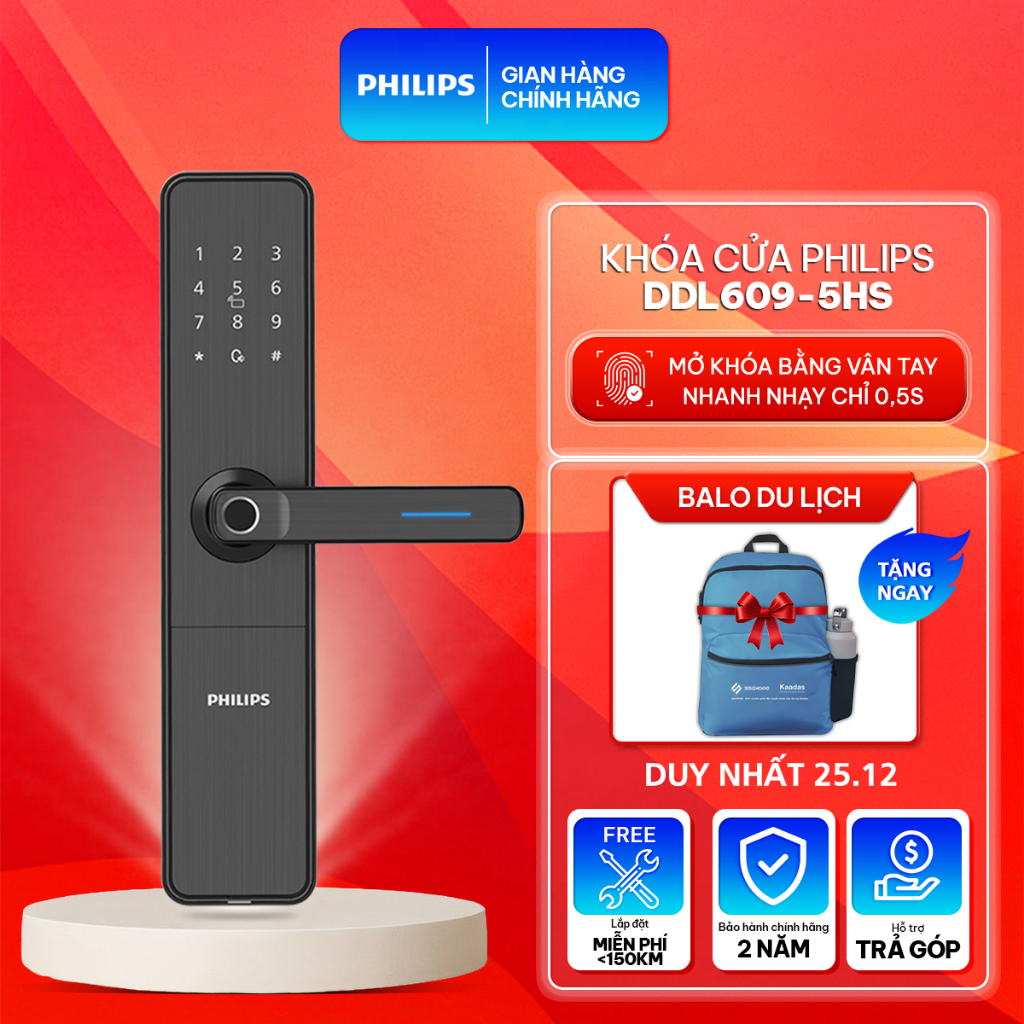 [Free lắp HN-HCM-ĐN] Khóa cửa vân tay thông minh Philips DDL609-5HS mở ...