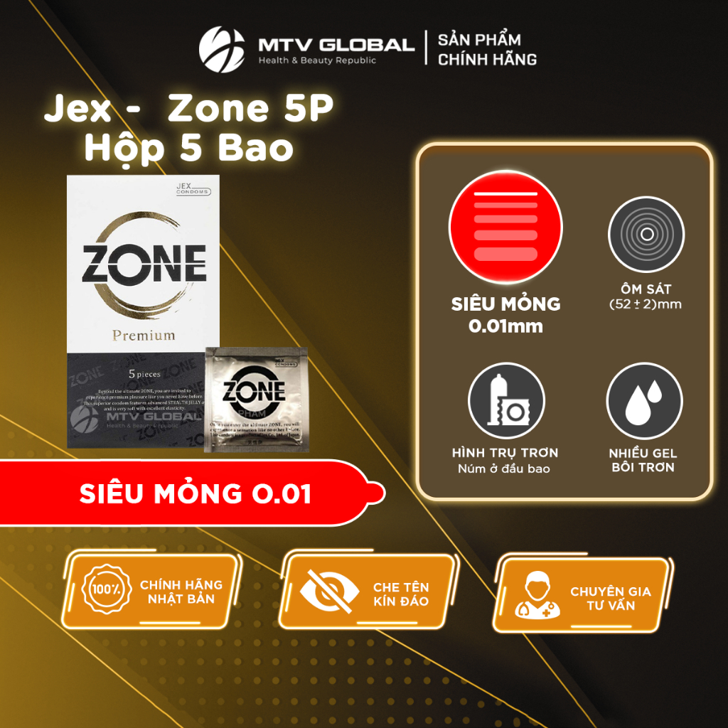 Bao Cao Su Jex Zone Premium Nhật Bản Siêu Mỏng 001, Nhiều Gel Tàng Hình, Ôm sát Size 52mm Hộp 5 ...
