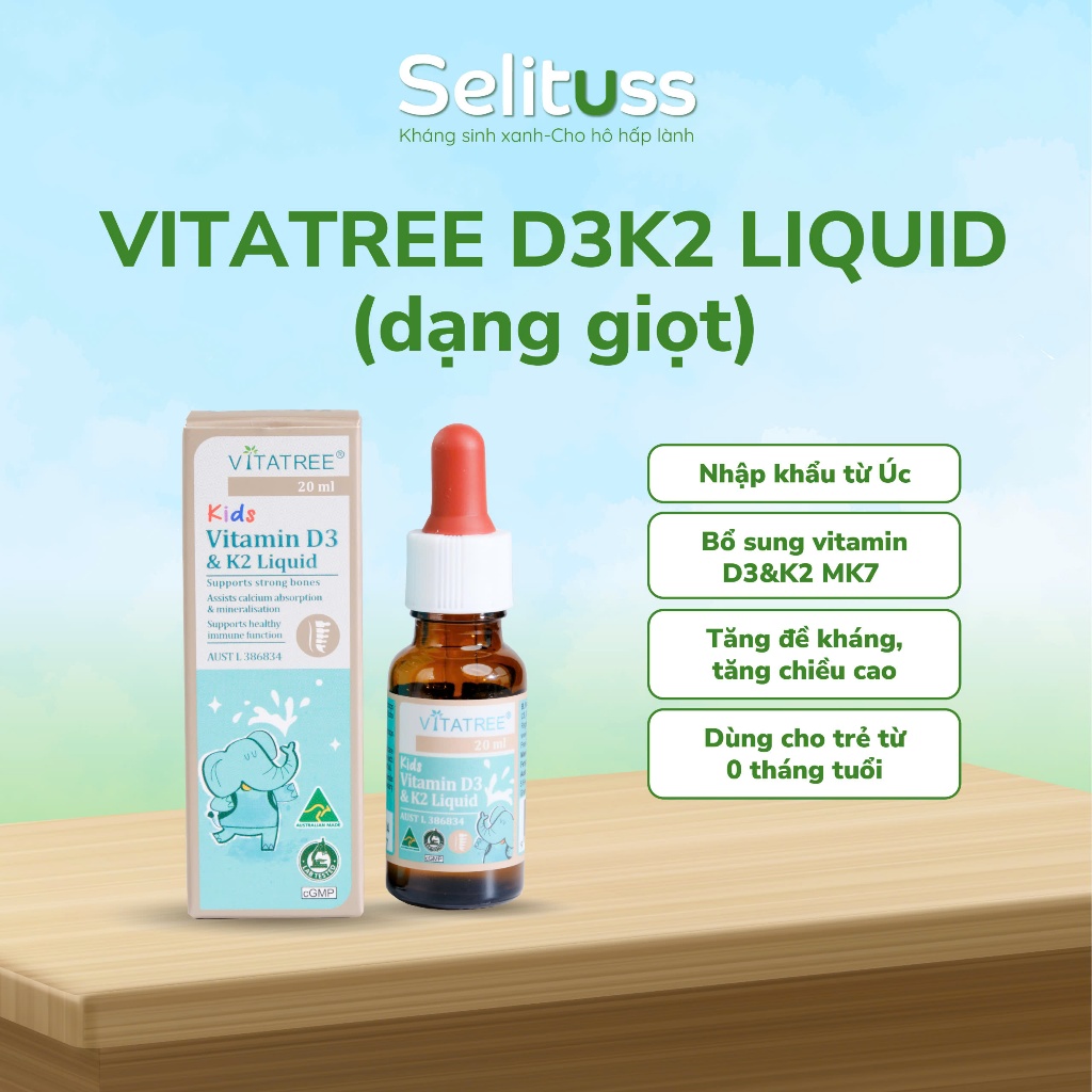 VitaTree D3K2 Liquid dạng nhỏ giọt hỗ trỡ hấp thụ Canxi, giúp bé phát triển chiều cao, xương và ...